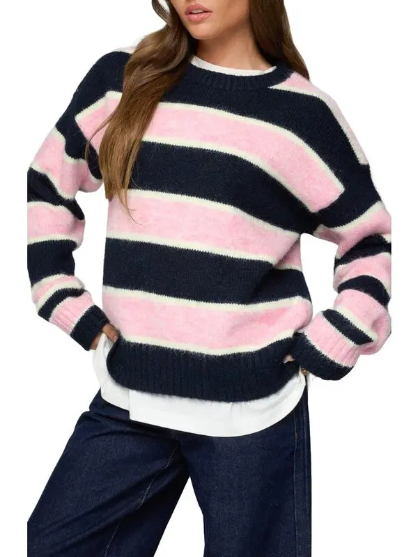 EDIKTED Striped Conrad Sweater - Navy-and-pink