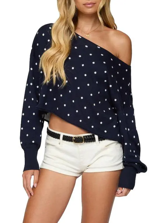 EDIKTED Oversized Off-the-shoulder Polka Dot Sweater - Navy