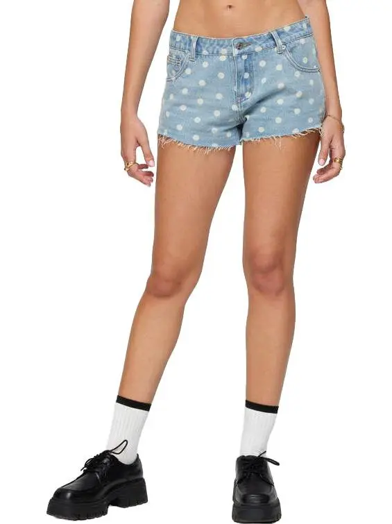 EDIKTED Polka Dot Denim Shorts - Blue-washed