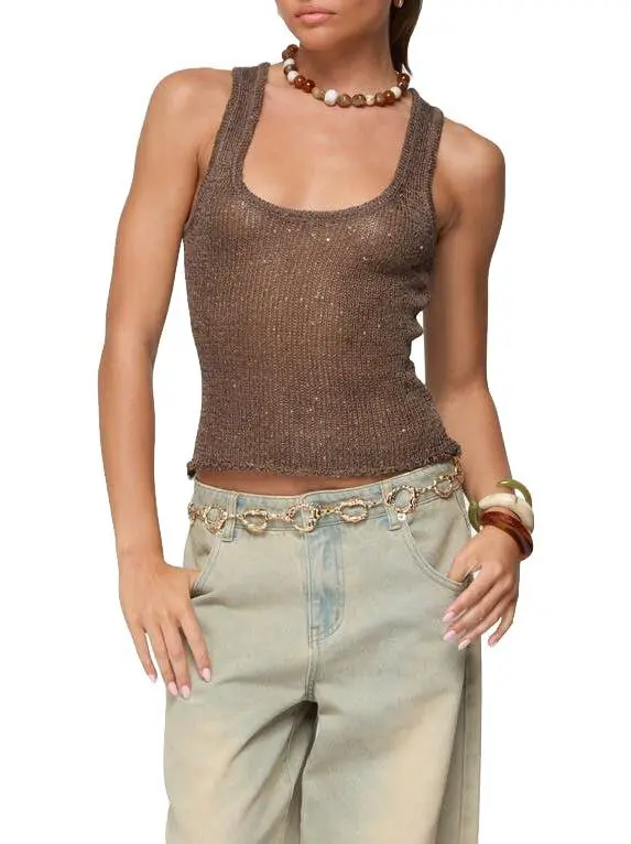 EDIKTED Eleora Sequin Knit Tank - Brown