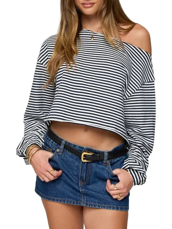 EDIKTED Aveline Stripe One-shoulder Sweatshirt - Navy-and-white