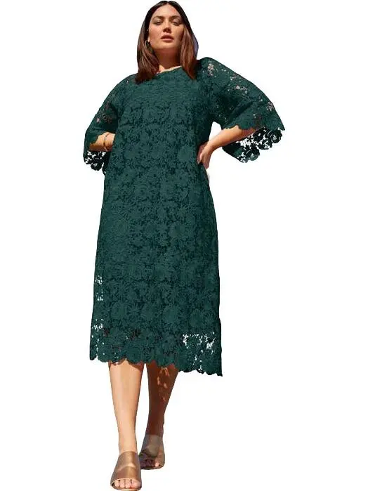 JUNE + VIE Bell-sleeve Lace Midi Dress - Dark Pine Green