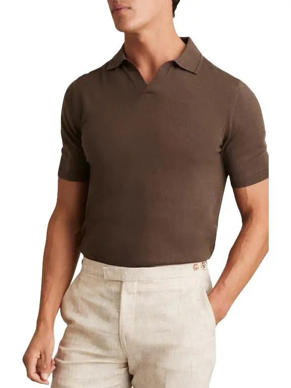 REISS Duchie Short Sleeve Merino Wool Polo Sweater - Chocolate Brown
