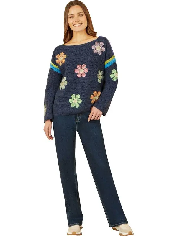 YUMI Crochet Knit Floral Jumper - Navy