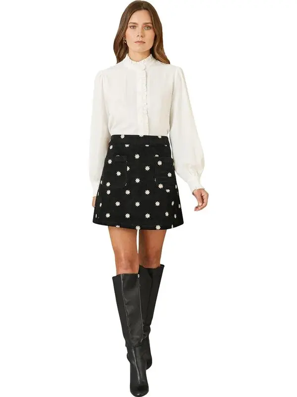 YUMI Corduroy Daisy Mini Skirt - Black