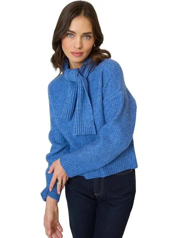 Central Park West Rayna Scarf Neck Waffle Stitch Sweater - Blue