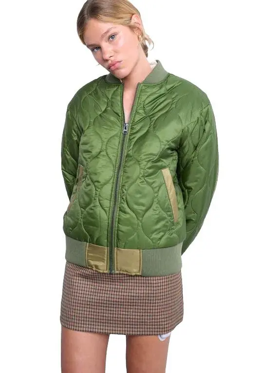 Topshop Colorblock Quilted Bomber Jacket - Medium Green