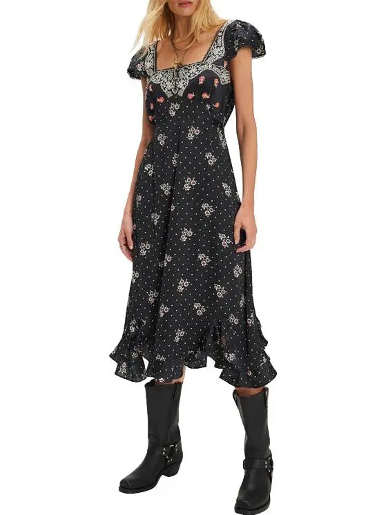 Free People Haven Embroidered Lace Trim Satin Midi Dress - Black Combo