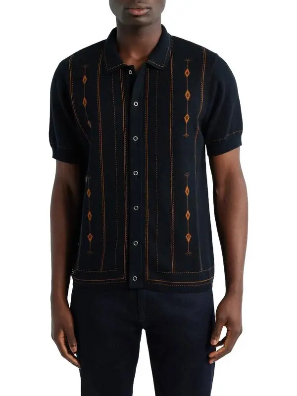 PERCIVAL Folio Short Sleeve Cotton Knit Snap-front Shirt - Dark Navy