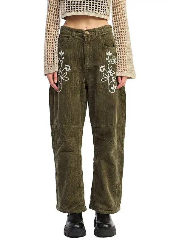 JACQUIE THE LABEL Sylvie Embroidered Corduroy Pants - Washed Olive
