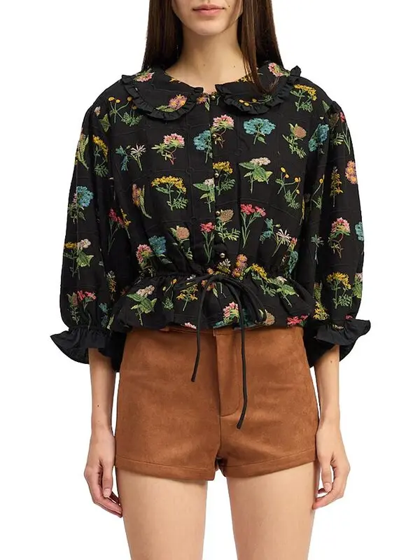 JACQUIE THE LABEL Lia Embroidered Ruffle Peplum Button-up Shirt - Black Multi