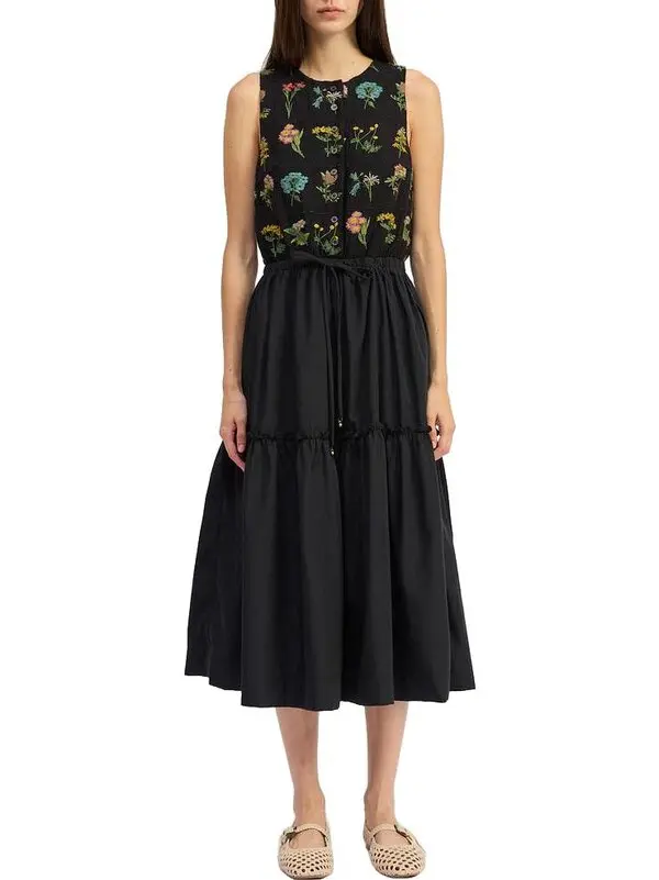 JACQUIE THE LABEL Lia Embroidered Tie Waist Sleeveless Midi Dress - Black Multi