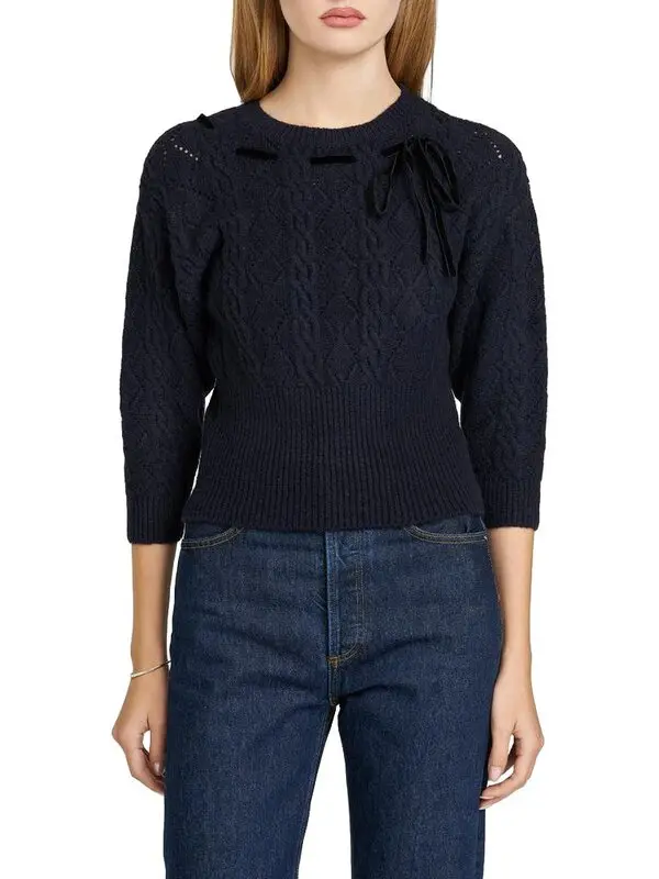 WAYF Miranda Velvet Pointelle Sweater - Navy