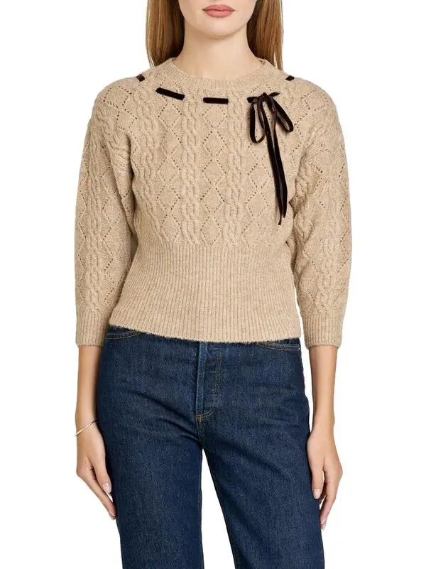 WAYF Miranda Velvet Pointelle Sweater - Oatmeal