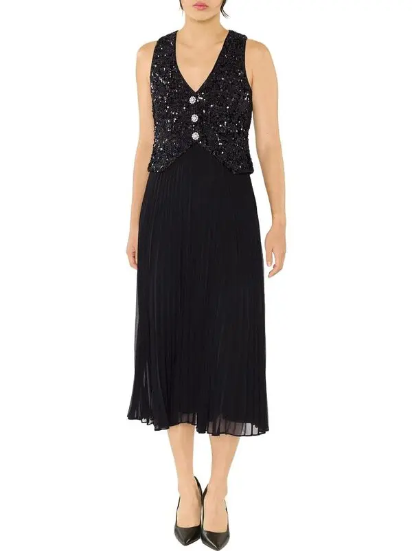 Likely Dorothea Sequin Pleated Sleeveless Midi Dress - Black