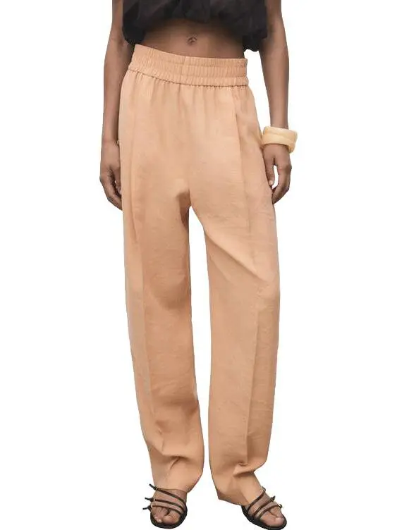 Mango Elastic Waist Lyocell-blend Straight-leg Pants - Nude