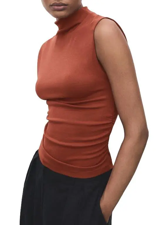 Mango Ruched Mock Neck Sleeveless Top - Russet