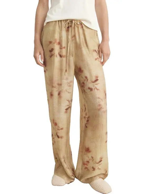 Mango Leaf Print Wide-leg Drawstring Trousers - Sand