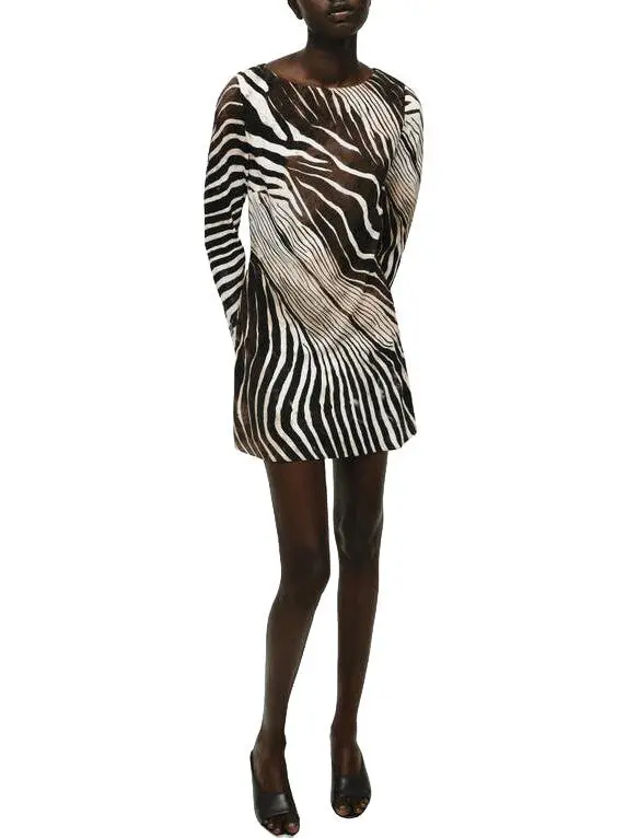 Mango Zebra Print Long Sleeve Mini Dress - Black