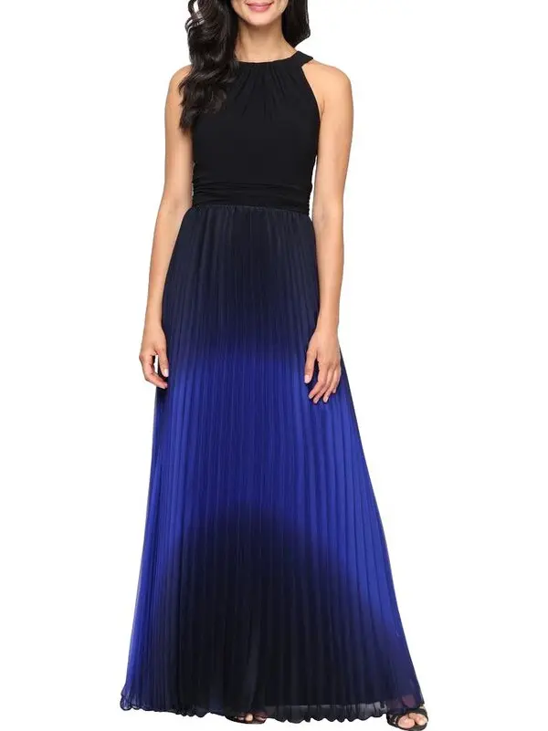 SL FASHIONS Pleated Ombré Chiffon Halter Gown - Black Royal