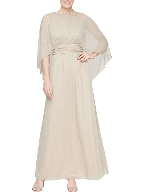 SL FASHIONS Glitter Capelet Chiffon Gown - Champagne