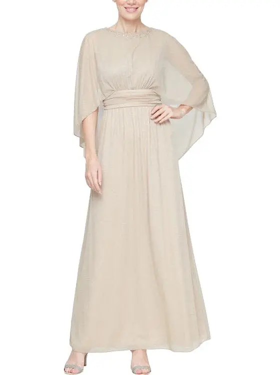 SL FASHIONS Glitter Capelet Chiffon Gown - Champagne
