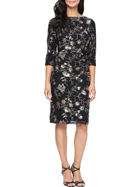 SL FASHIONS Embroidered Sequin Cocktail Dress - Black/champagne