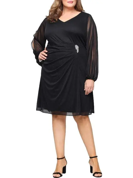 SL FASHIONS Metallic Illusion Long-sleeve Cocktail Dress - Black