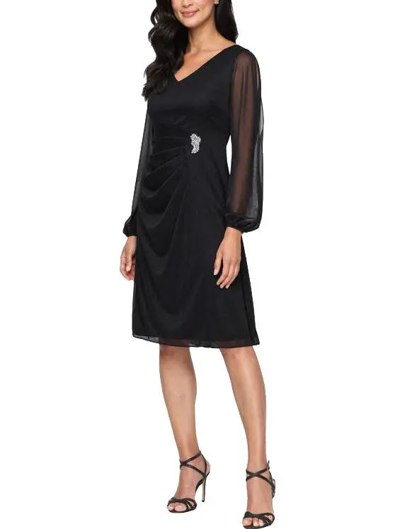 SL FASHIONS Metallic Illusion Long Sleeve Cocktail Dress - Black
