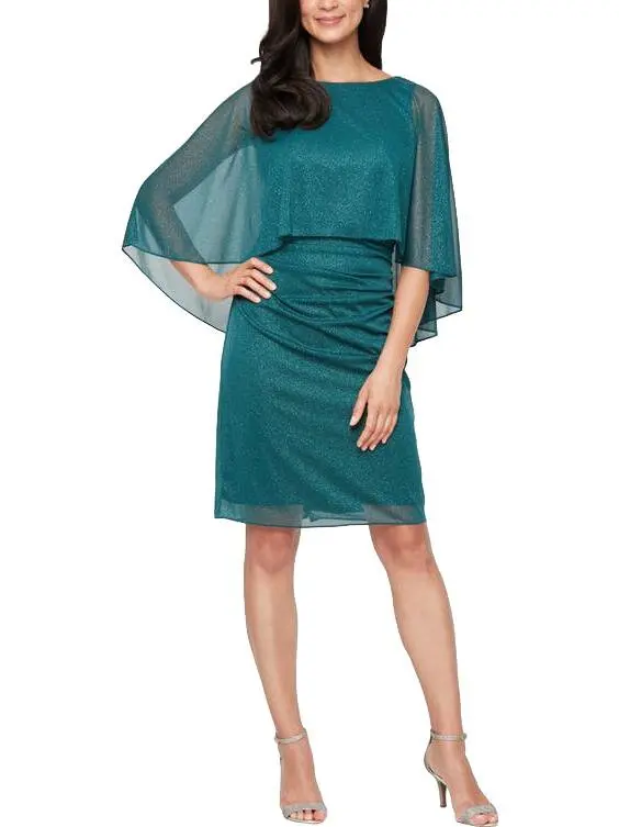 SL FASHIONS Glitter Chiffon Capelet Cocktail Dress - Pine