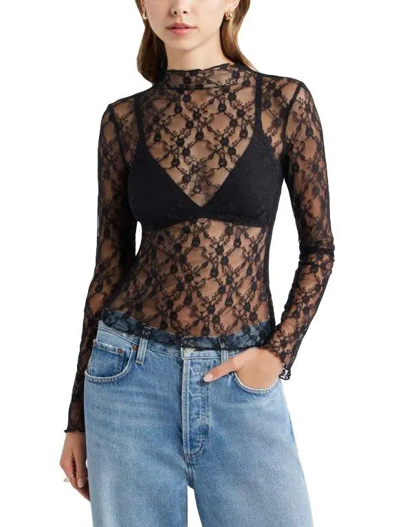 OPEN EDIT Floral Stretch Lace Top - Black