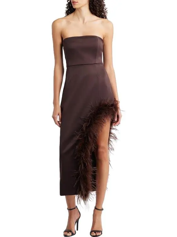 DELFI COLLECTIVE Jocelyn Feather Detail Strapless Satin Cocktail Sheath Dress - Chocolate