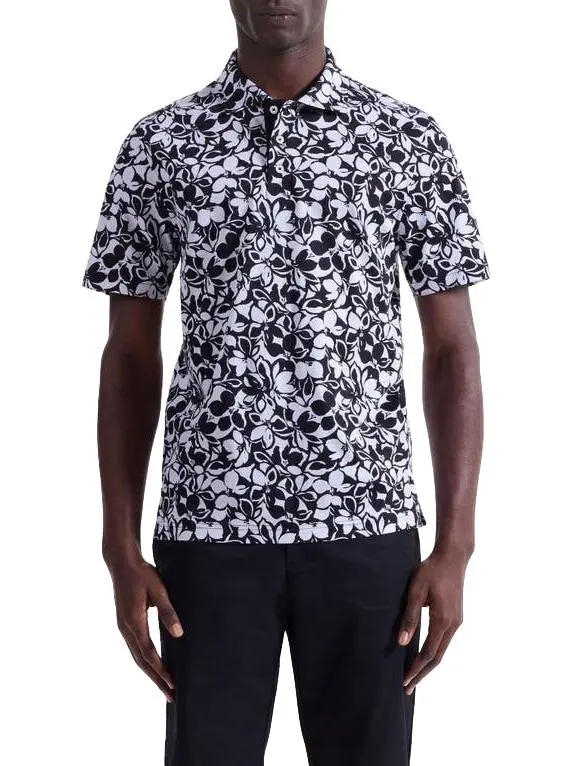 Bugatchi Hendrix Digital Monochromatic Floral Print Pima Cotton Polo - Black