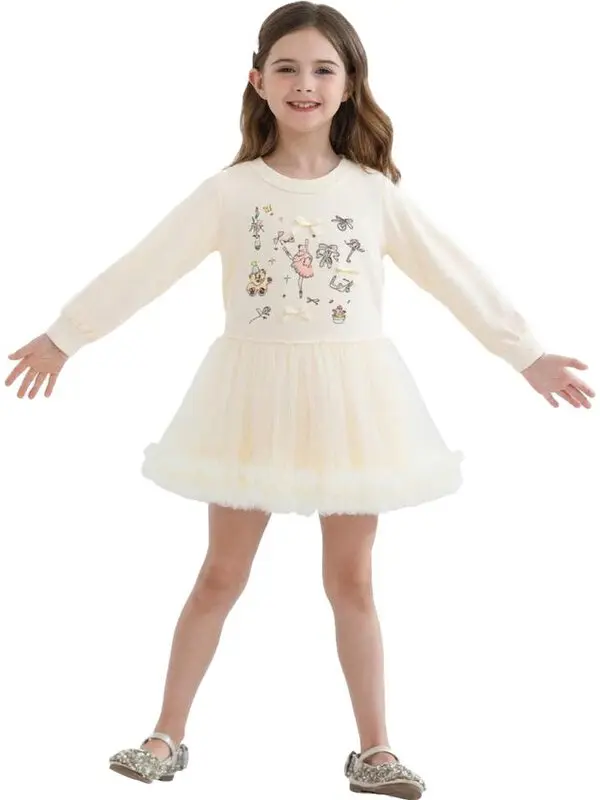 MIMI TUTU Ballet Ruffle Bow Dress - Beige