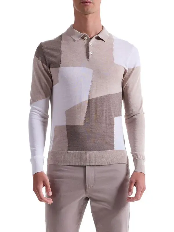 Bugatchi Colorblock Merino Wool Polo Sweater - Sand