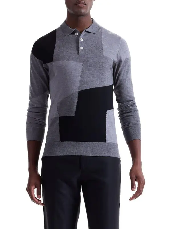 Bugatchi Colorblock Merino Wool Polo Sweater - Zinc