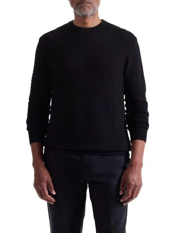Bugatchi Pyramid Stitch Merino Wool And Silk Crewneck Sweater - Black