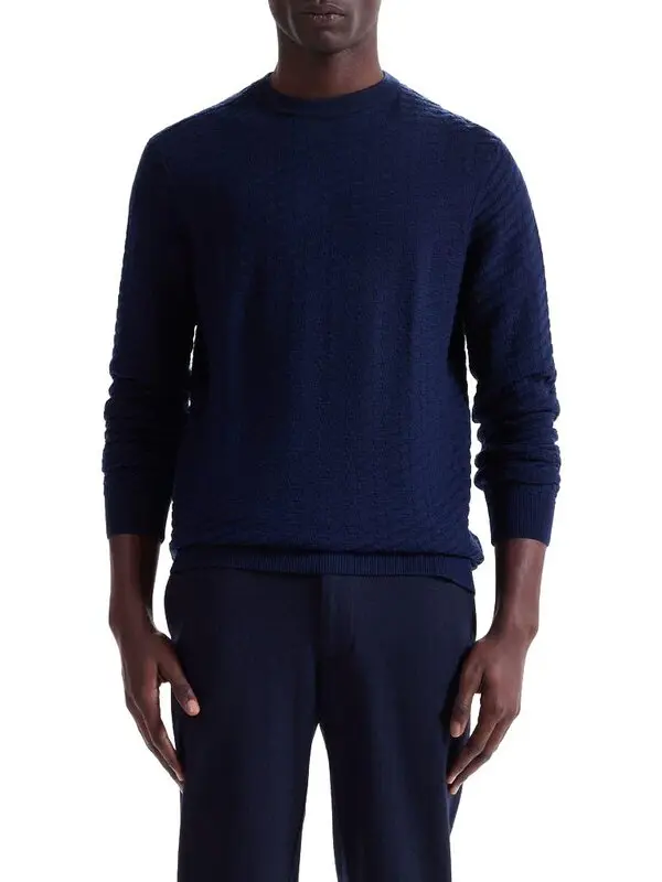 Bugatchi Pyramid Stitch Merino Wool And Silk Crewneck Sweater - Navy