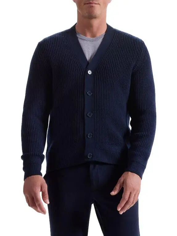 Bugatchi Ribbed Merino Wool V-neck Cardigan - Navy