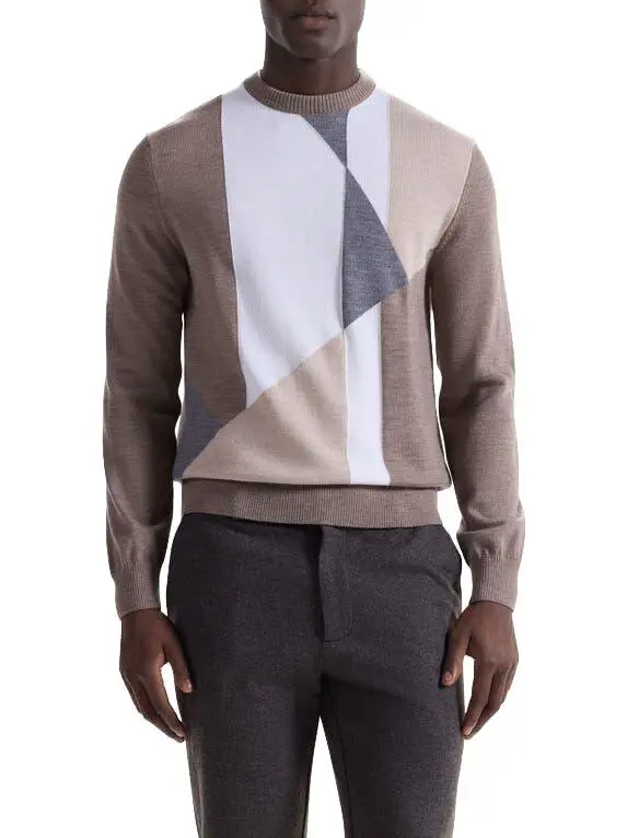 Bugatchi Geometric Pattern Merino Wool Crewneck Sweater - Walnut