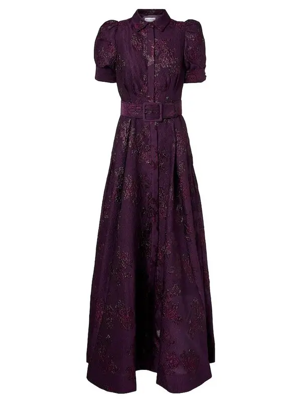 Rebecca Vallance Afina Belted Floral Brocade Gown - Purple