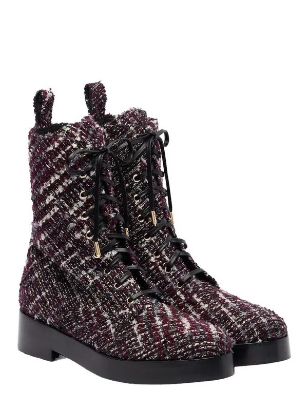 AQUAZZURA Ben 20 Leather-trimmed Tweed Combat Boots - Purple