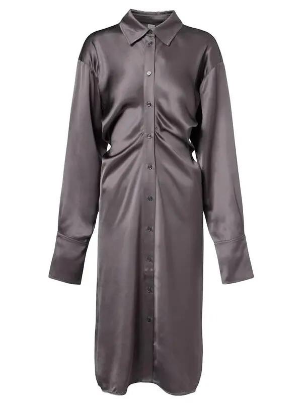 TOTÊME Draped Satin Shirt Dress - Grey