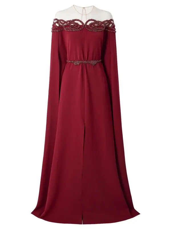 Zuhair Murad Cape-effect Embellished Cady Gown - Burgundy