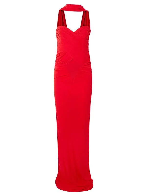 THE NEW ARRIVALS ILKYAZ OZEL Samsara Gathered Jersey Halterneck Gown - Red