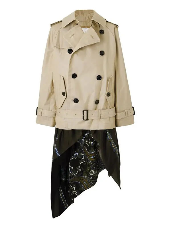 Sacai Double-breasted Gabardine Jacket With Scarf Detail - Neutrals