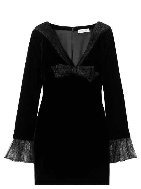 Nina Ricci Bow-detailed Lace-trimmed Cotton-velvet Mini Dress - Black