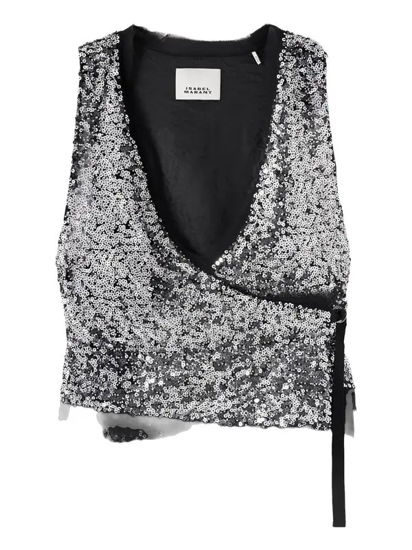 Isabel Marant Tahina Sequined Crepe Wrap Top - Silver