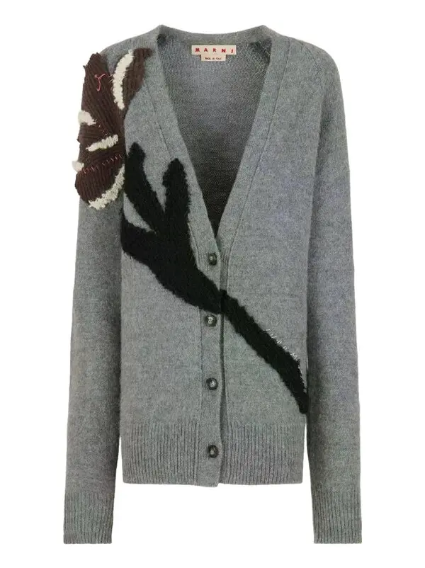 Marni Floral-appliqué V-neck Cardigan - Grey