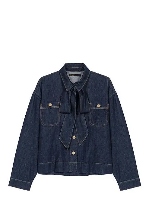 Maje Relaxed-fit Denim Shirt With Bow - Navy